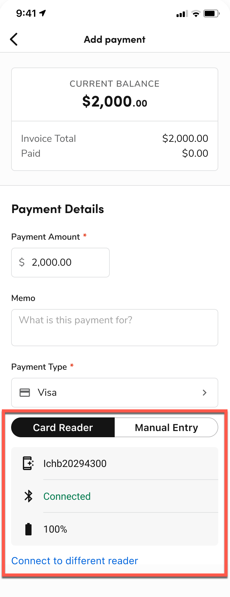 The Add Payment screen in the ServiceTitan Field Mobile App.