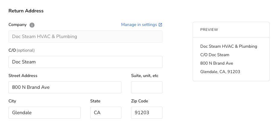 The Return Address section of the direct mail campaign builder.