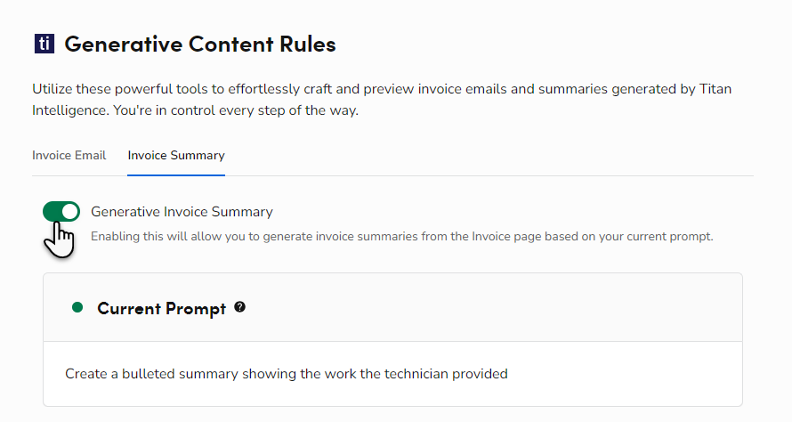 Cursor on the Generative Invoice Summary option for invoice summaries