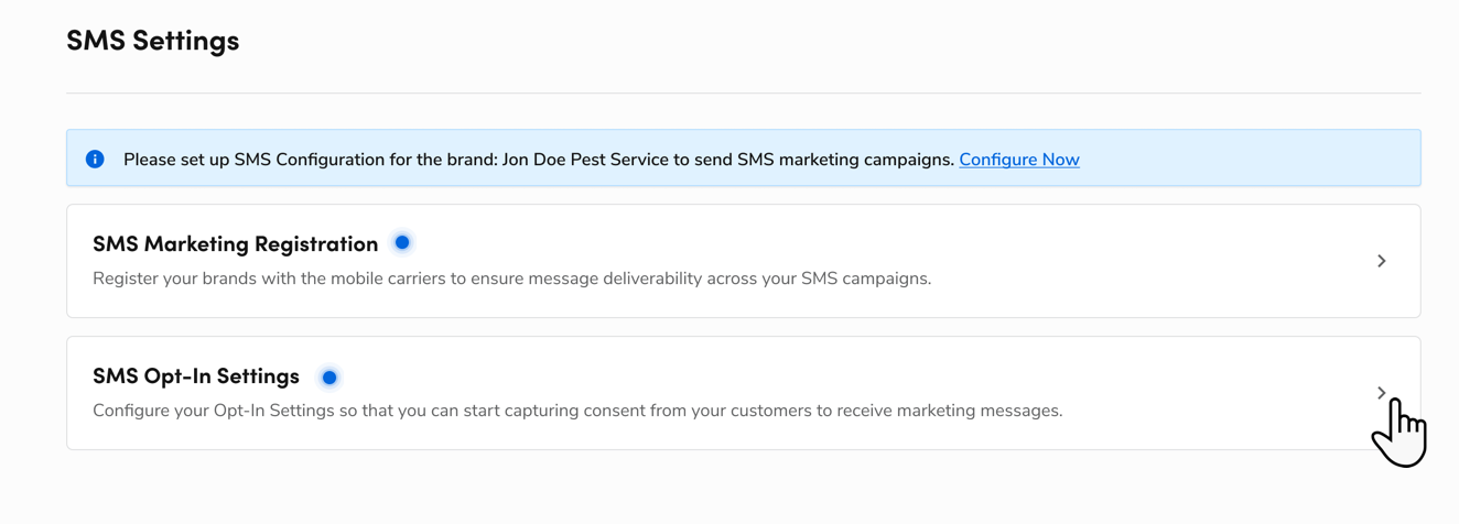 Cursor hovers over the SMS Opt-In Settings option on the SMS Settings screen.