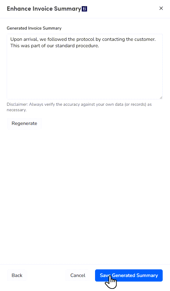 Cursor on the Save Generated Invoice Summary option in the Enhance ...