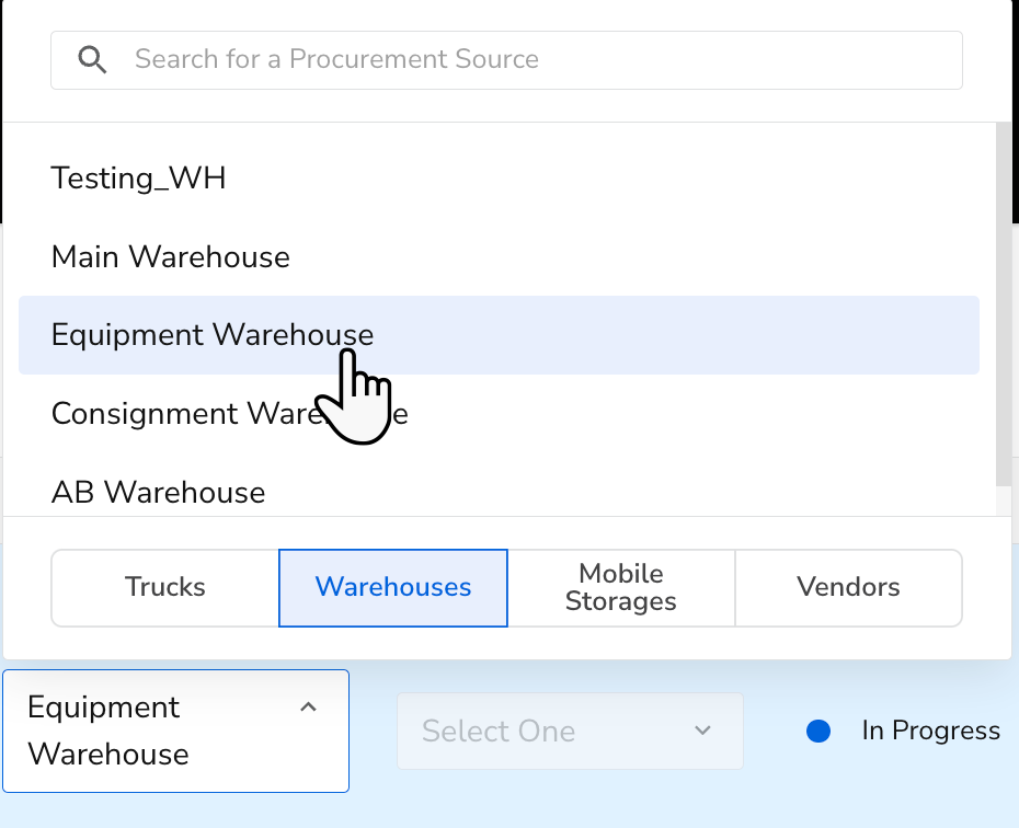 Cursor selecting the procurement source of an item.