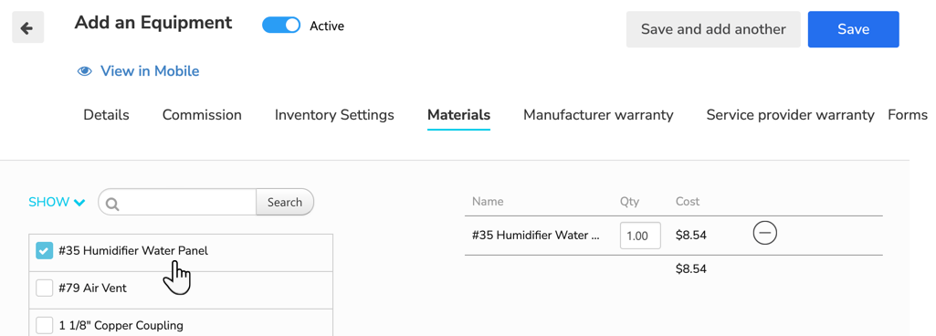 Add equipment to your pricebook