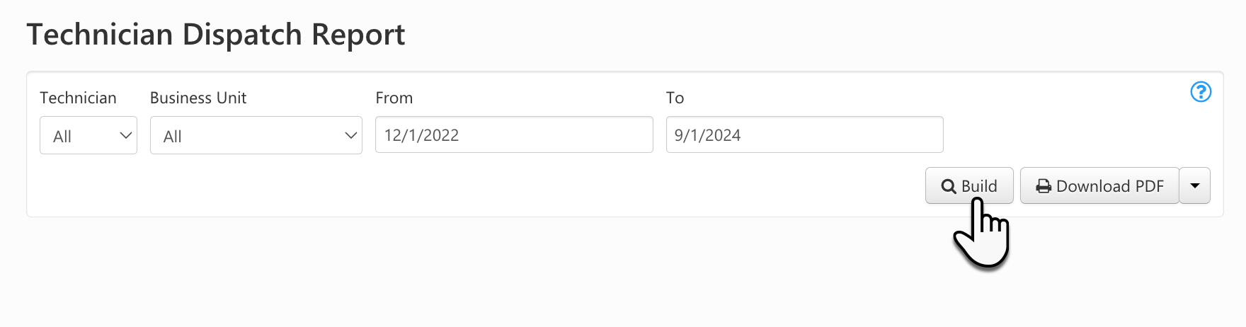 A cursor clicking Build for the Technician Dispatch Report in ServiceTitan.