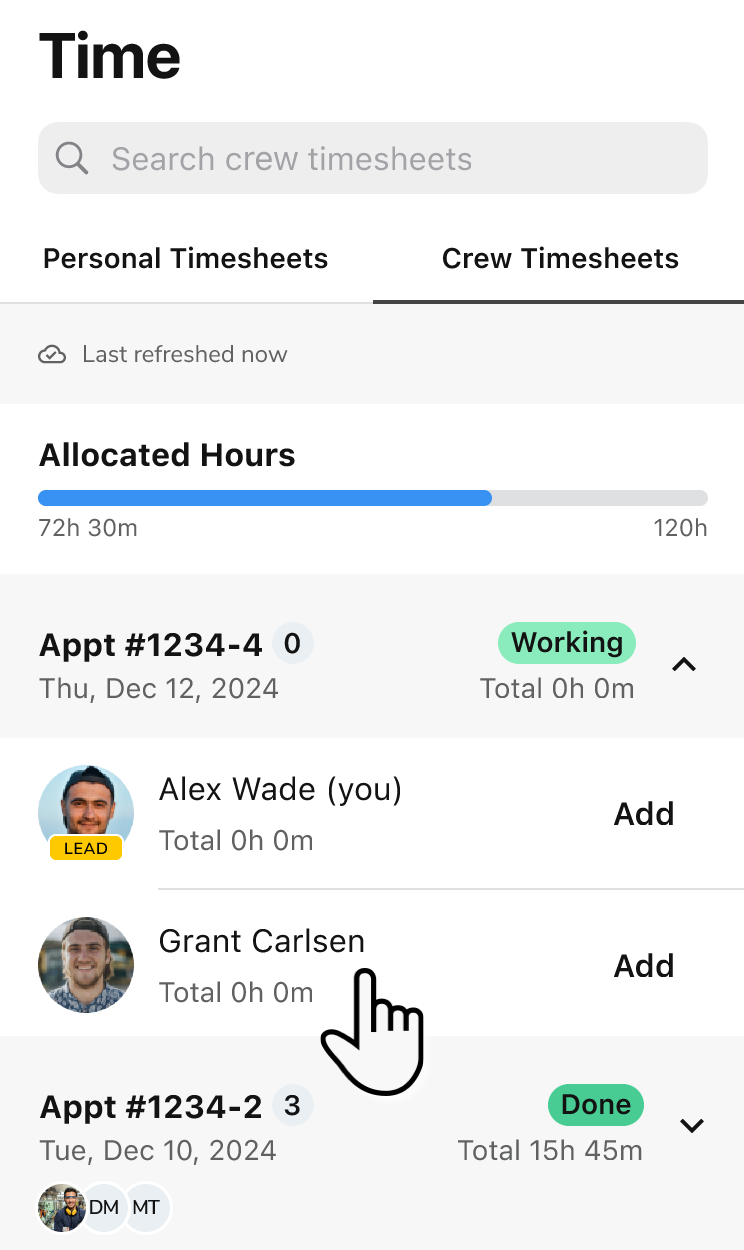 A cursor tapping a technician’s name in the ServiceTitan Field Mobile App.