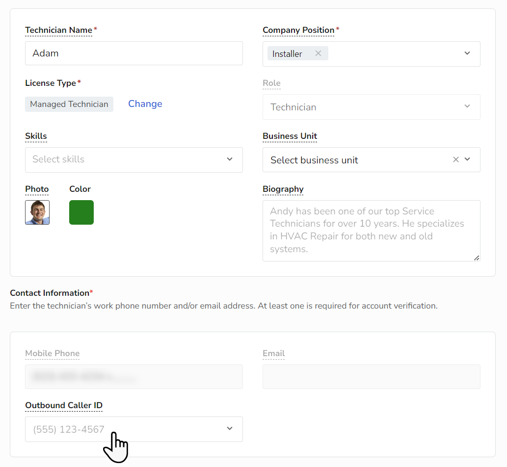 Cursor Outbound Caller ID in the Technician profile