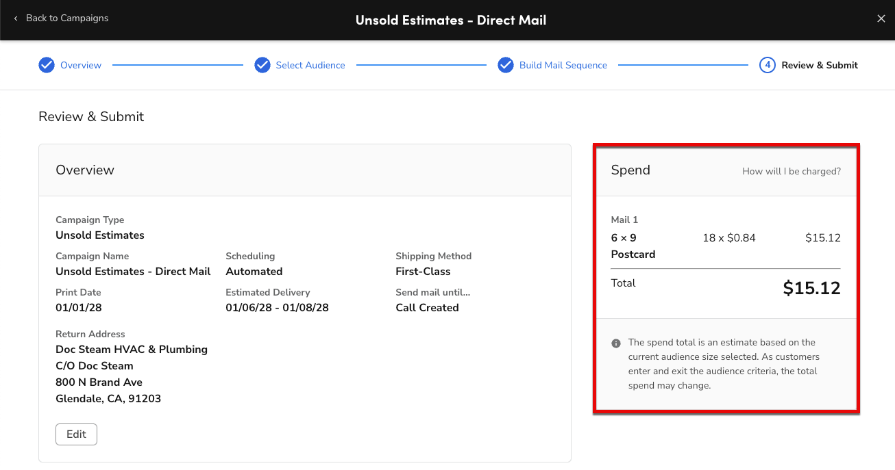 Total spend for the direct mail campaign highlighted on the Review and ...