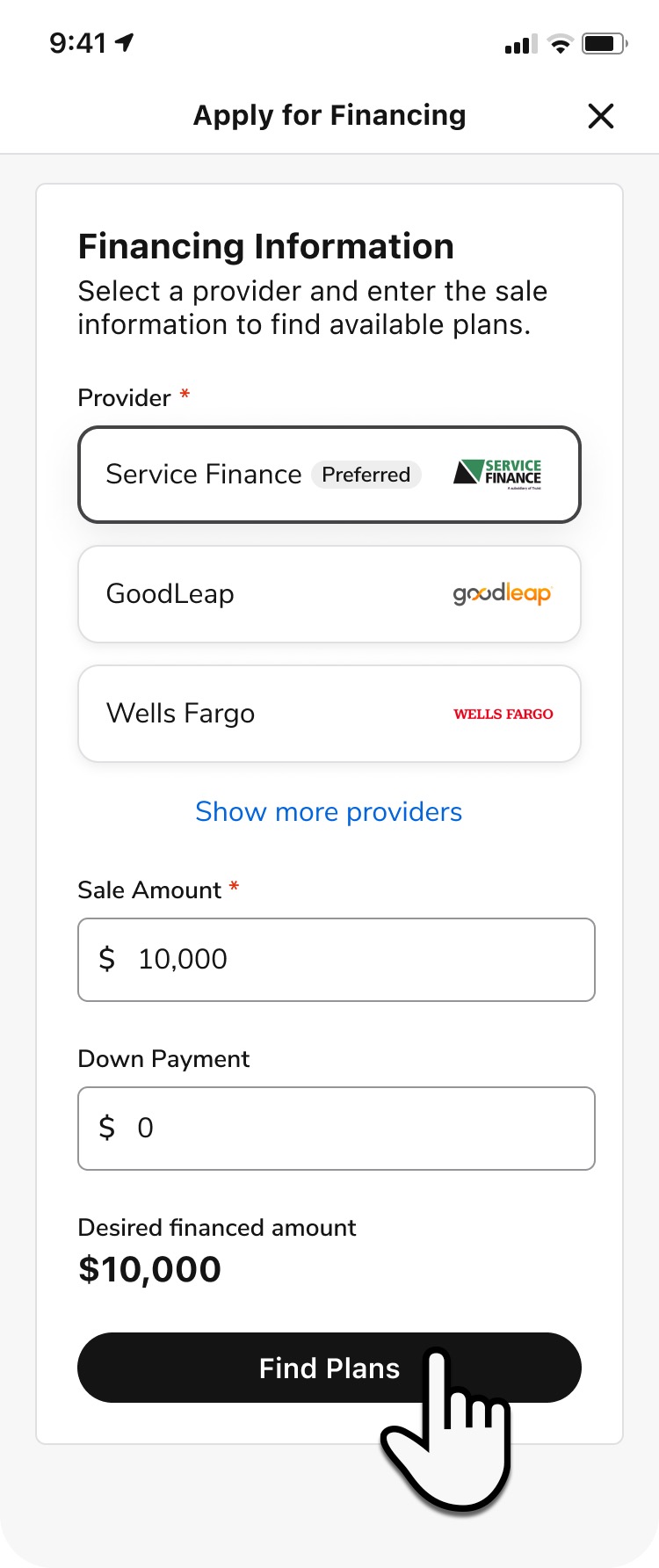 A cursor tapping Find Plans in the ServiceTitan Field Mobile App.