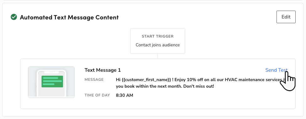 Cursor hovers over the Send Test link in the Automated Text Message ...