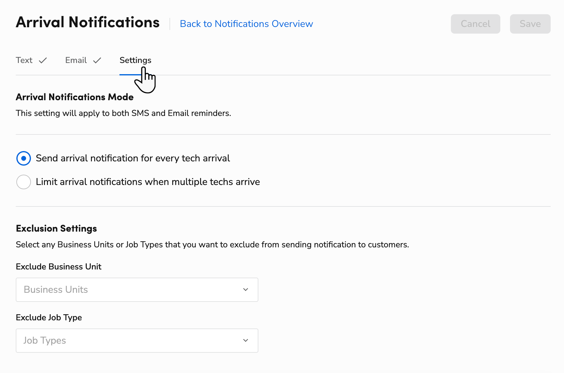Cursor clicking the Settings tab on the Arrival Notifications screen.