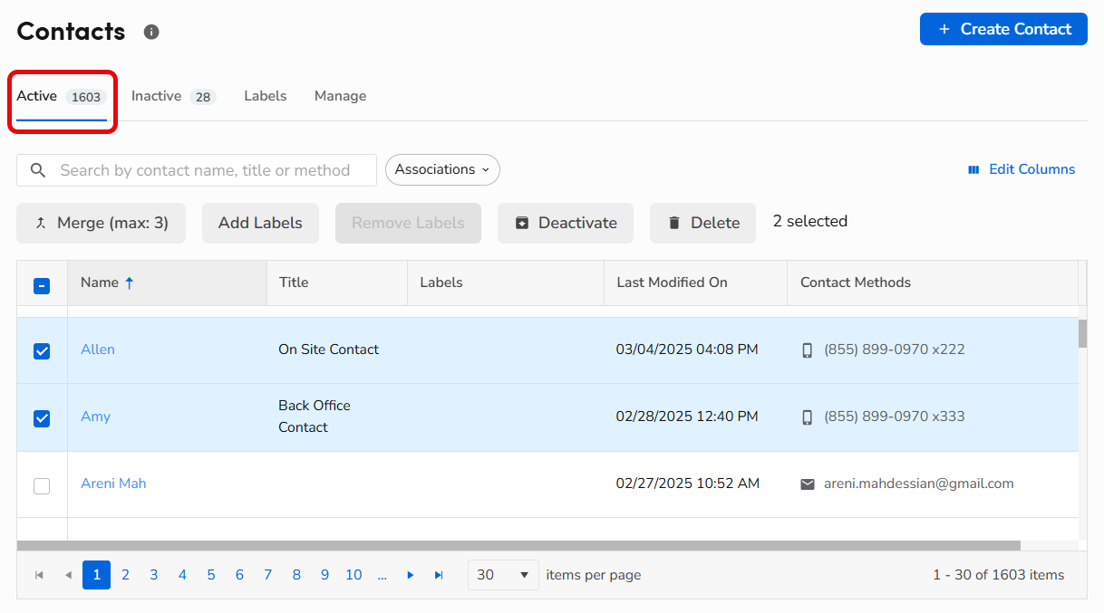 active tab contact hub