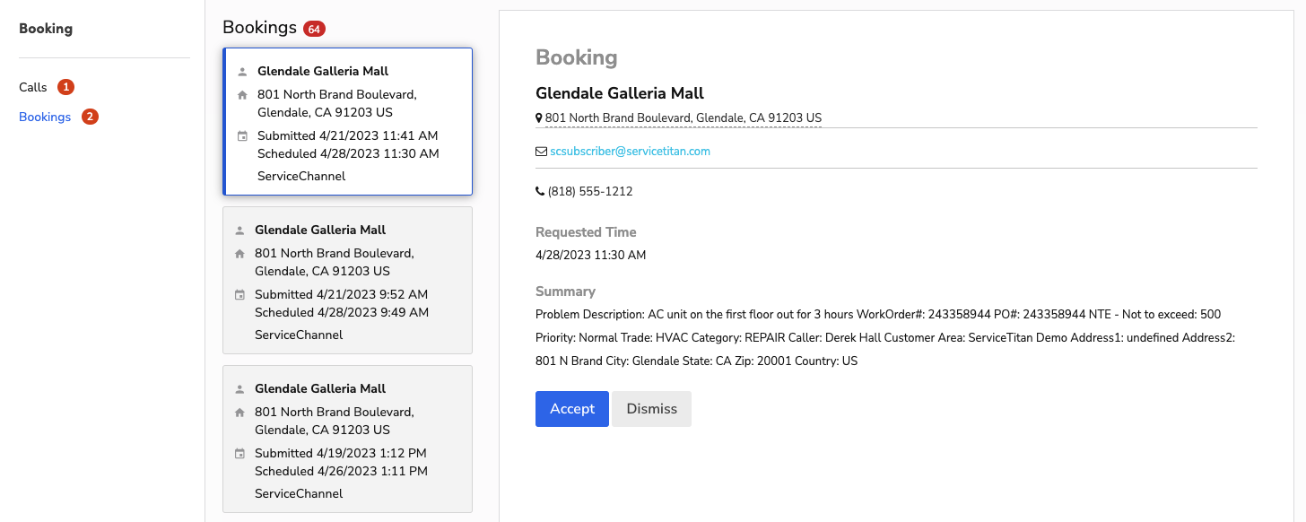 Viewing new ServiceChannel Work Orders on the ServiceTitan Booking screen.