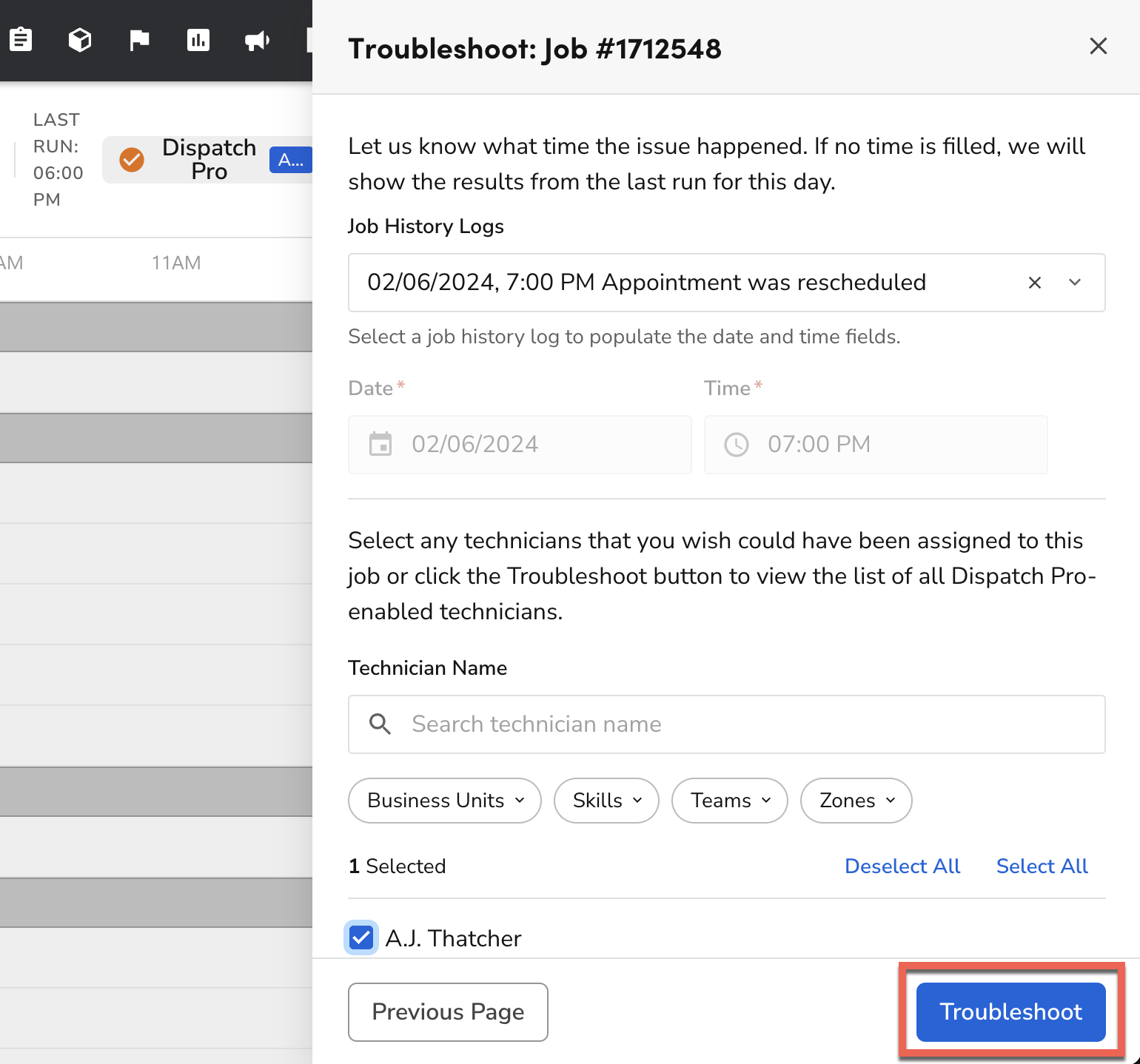 The Troubleshoot Job screen in the ServiceTitan Job Details Flyout ...