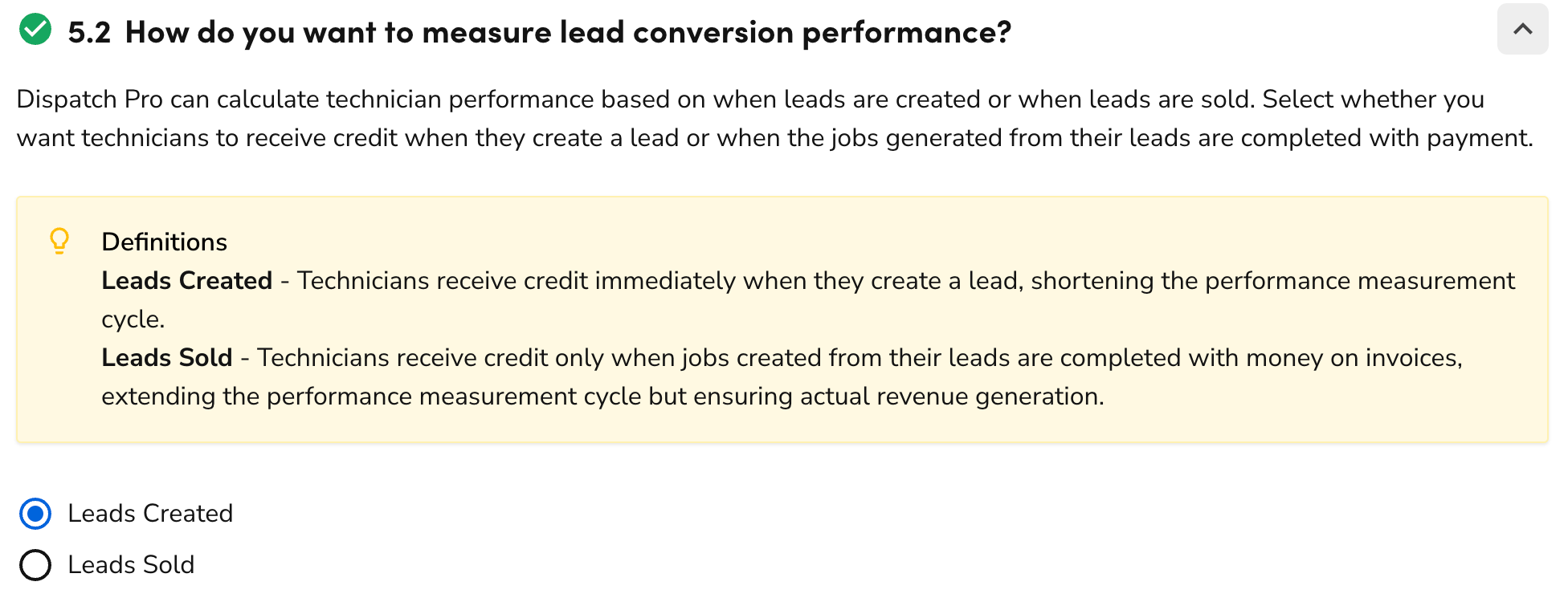 Question 5.2 in ServiceTitan's Dispatch Pro Technician Ranking settings.