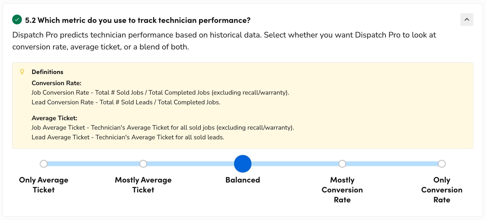 Question 5.2 in ServiceTitan's Dispatch Pro Technician Ranking settings.