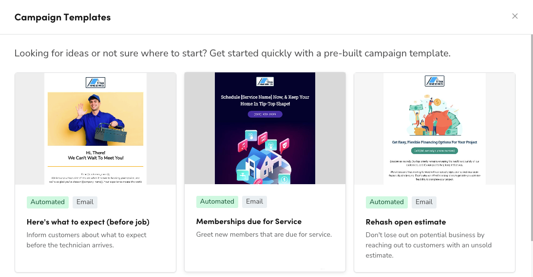 Three email campaign template options.