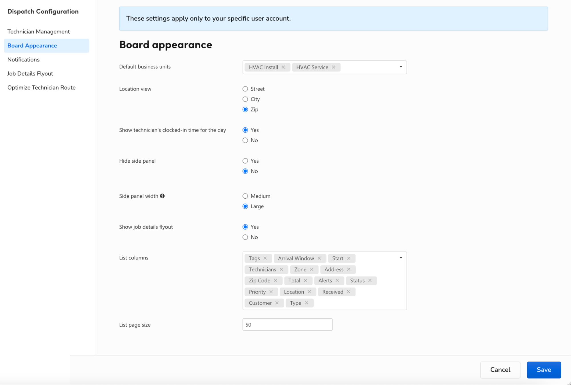 The Board Appearance screen in ServiceTitan Dispatch Configuration.