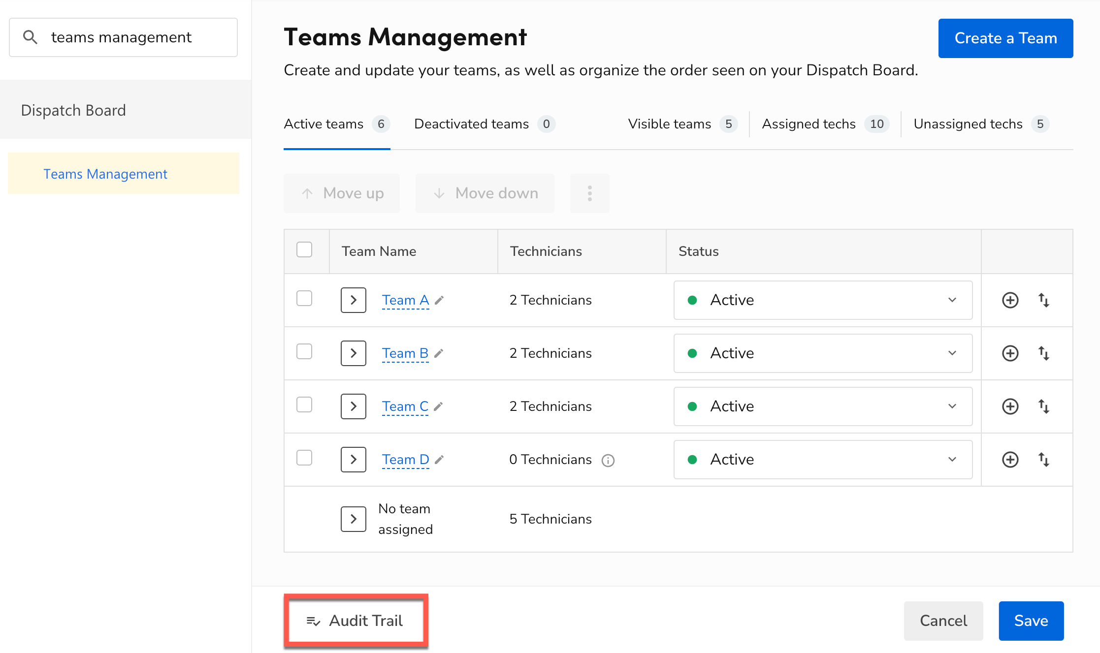 The Teams Management screen in ServiceTitan. Audit Trail is highlighted.