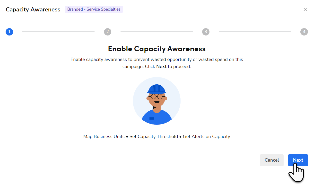 A cursor selecting Next on the Step 1 Enable Capacity Awareness screen ...