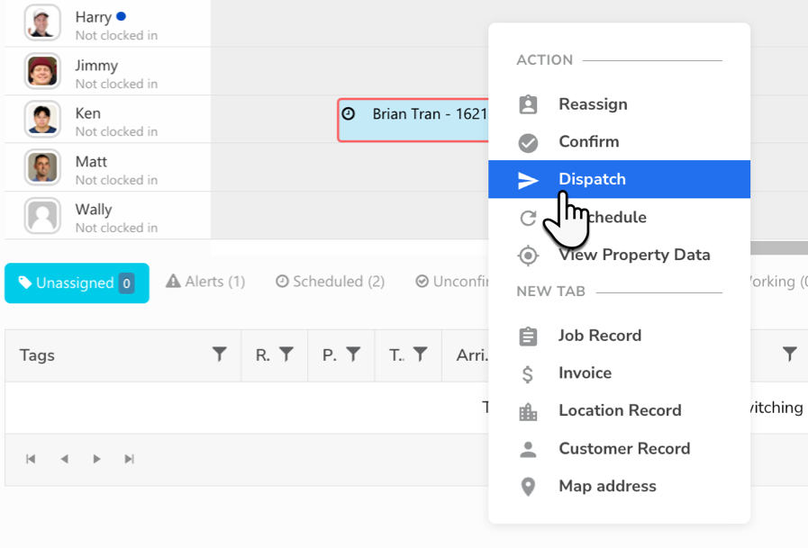 A cursor selecting Dispatch from the right-click menu for an appointment on the ServiceTitan ...