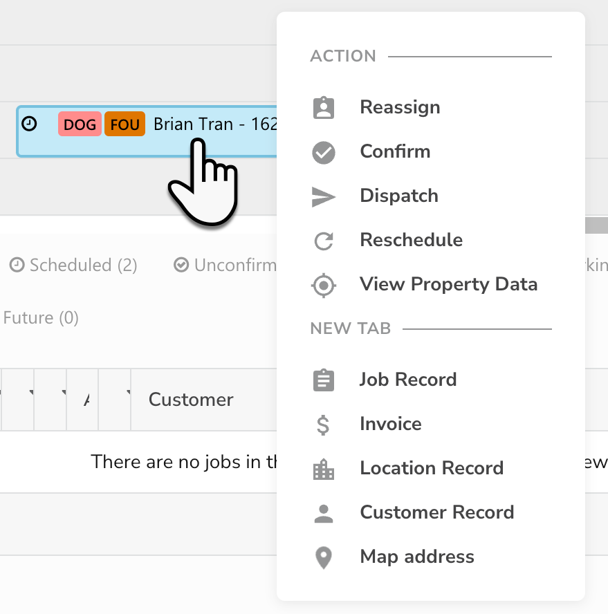 A cursor right-clicking an appointment on the ServiceTitan Dispatch Board.
