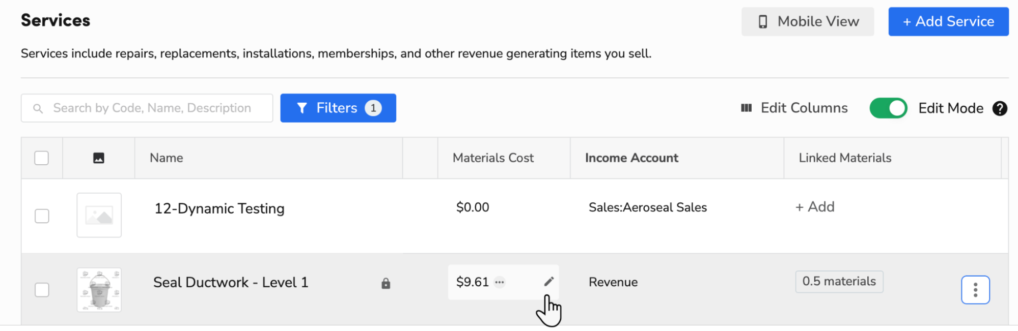 Cursor clicking the Materials Cost field and inline edit the information in ServiceTitan ...