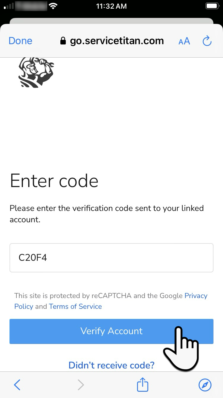 A cursor tapping Verify Account in the ServiceTitan Field Mobile App.