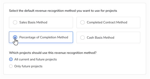 The image shows the default revenue recognition options for projects ...