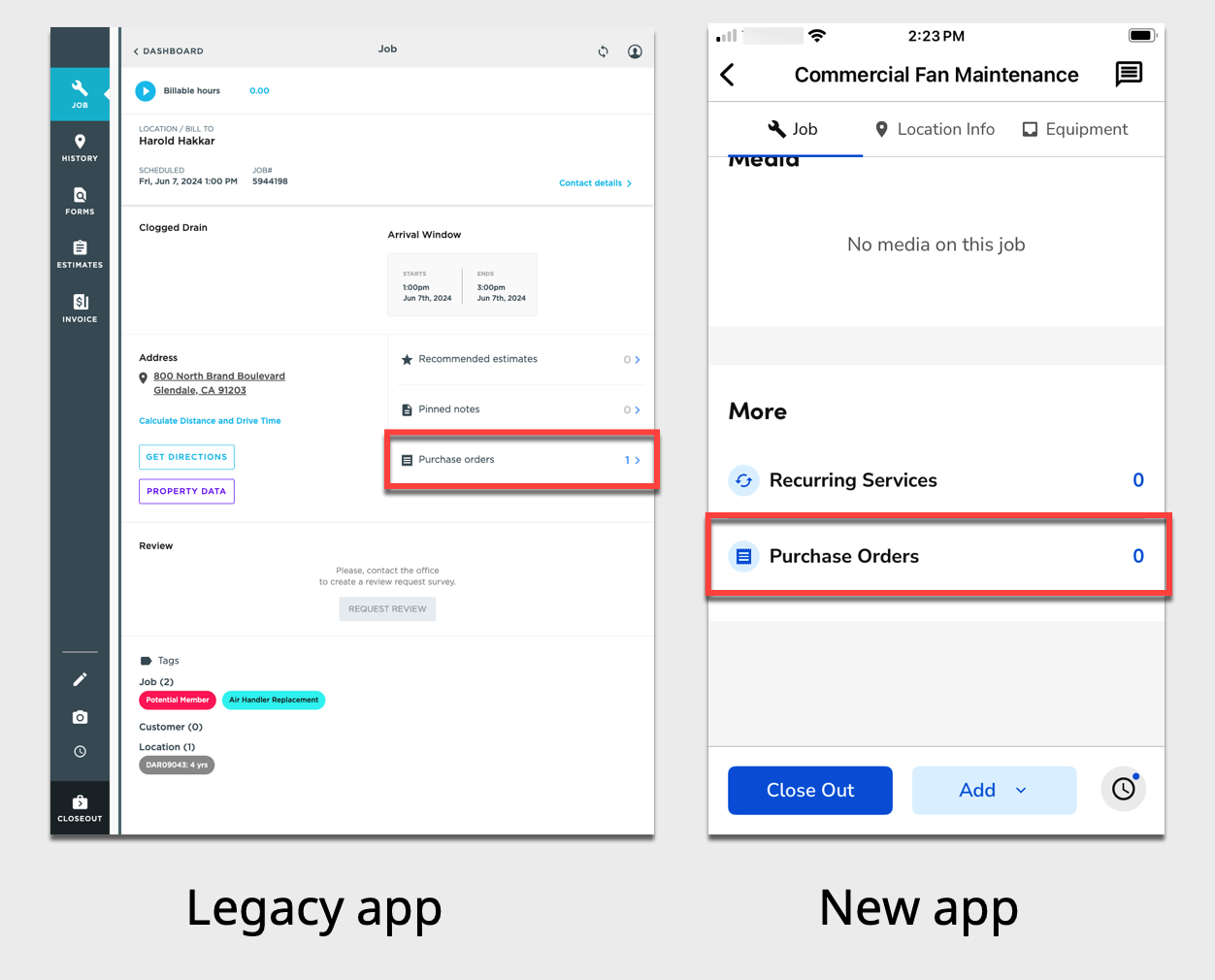 An image comparing purchase order workflows in ServiceTitan's old ...