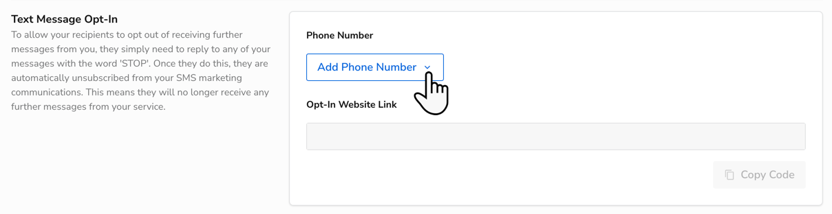 Cursor hovers over the Add Phone Number dropdown in the Text Message ...