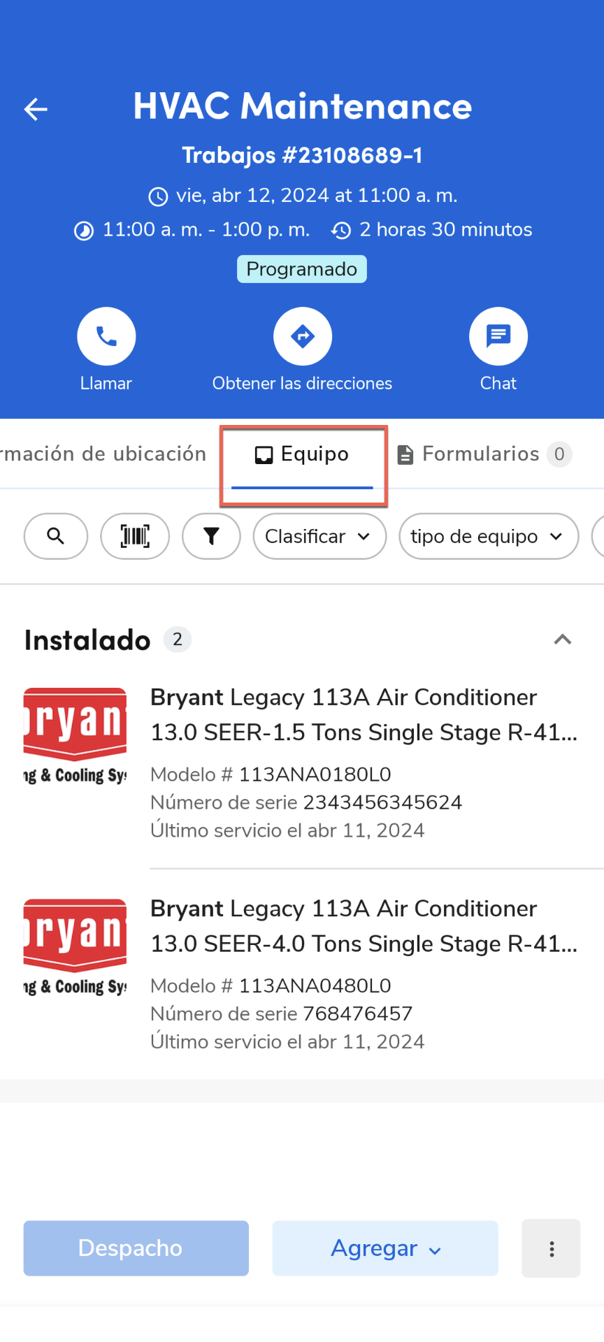 The Equipment tab in the ServiceTitan Field Mobile App.
