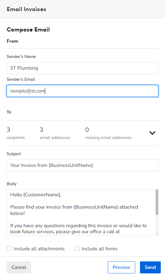 Screenshot of Compose Email screen for bulk invoices