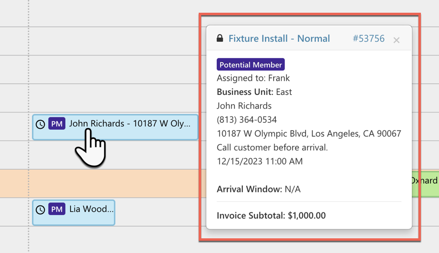 A cursor hovering over an appointment on the ServiceTitan Dispatch Board.