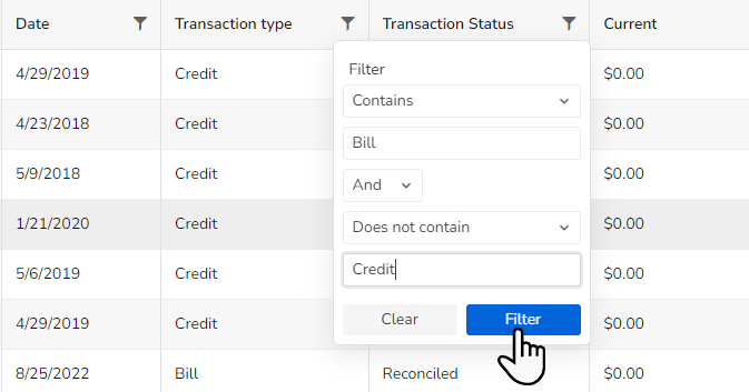 Cursor on the Filter option to filter by column in AP Transactions report