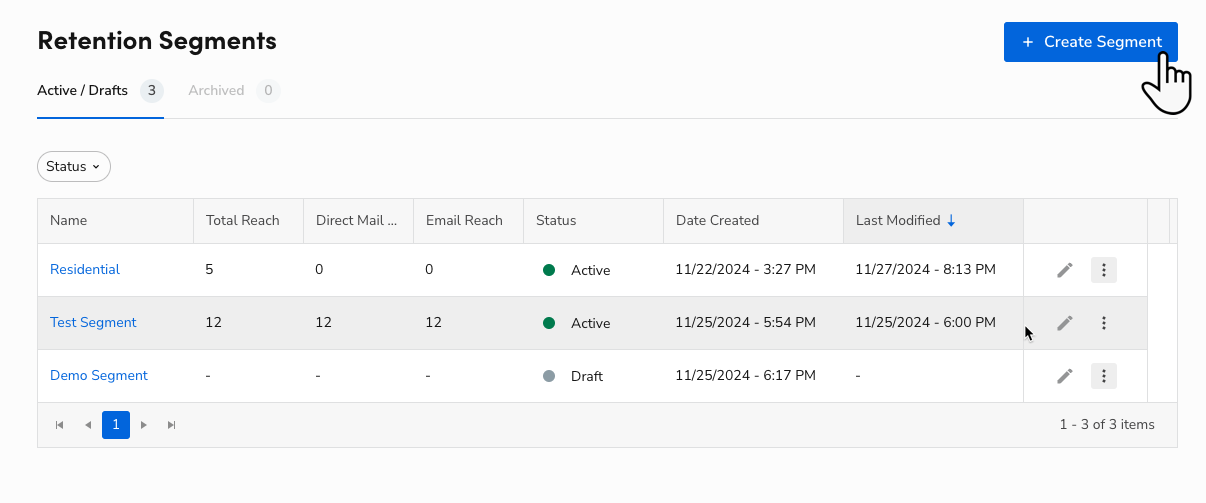 Cursor clicks the Create Segment button on the Retention Segments screen.