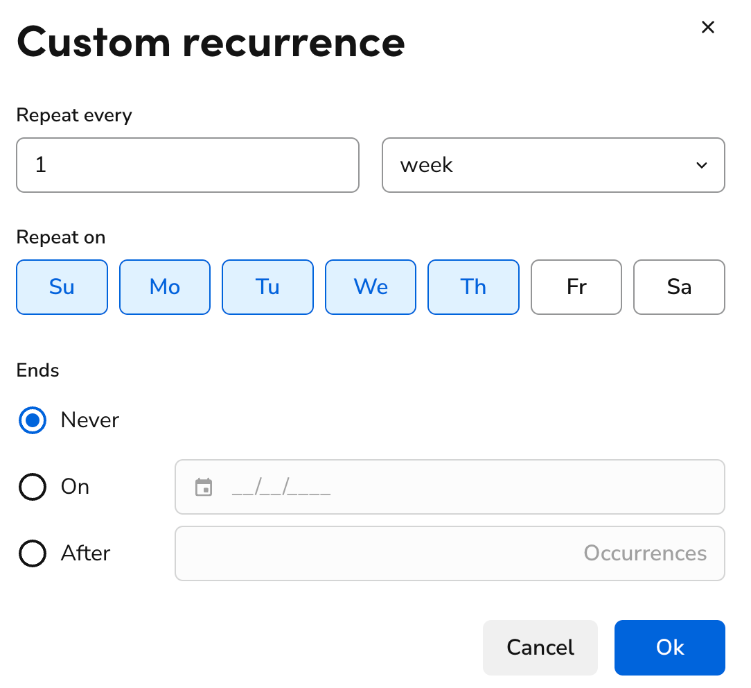 Image displaying the Custom recurrence pop-up screen.