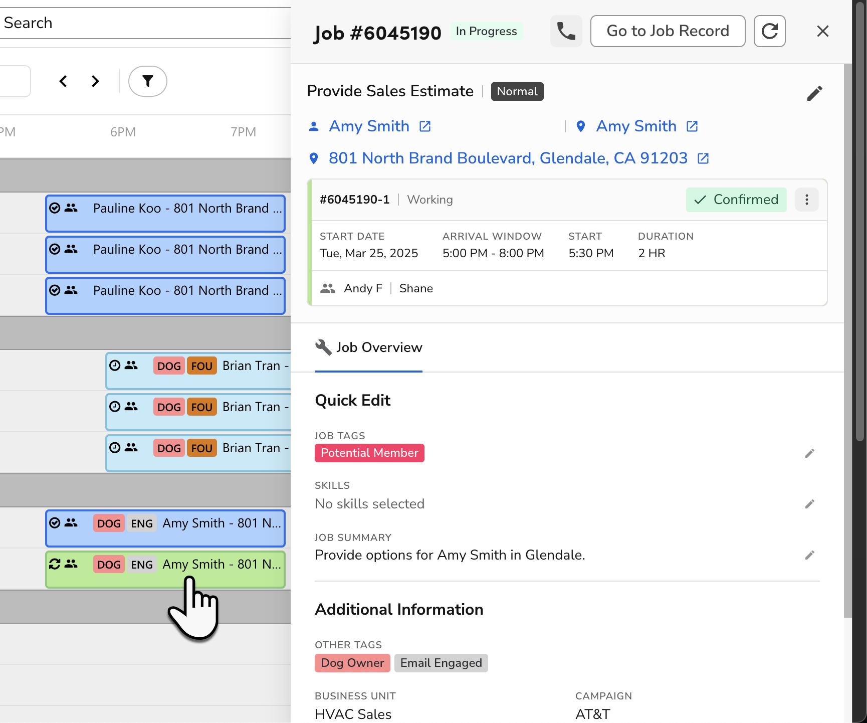 A cursor selecting an appointment on the ServiceTitan Dispatch Board.