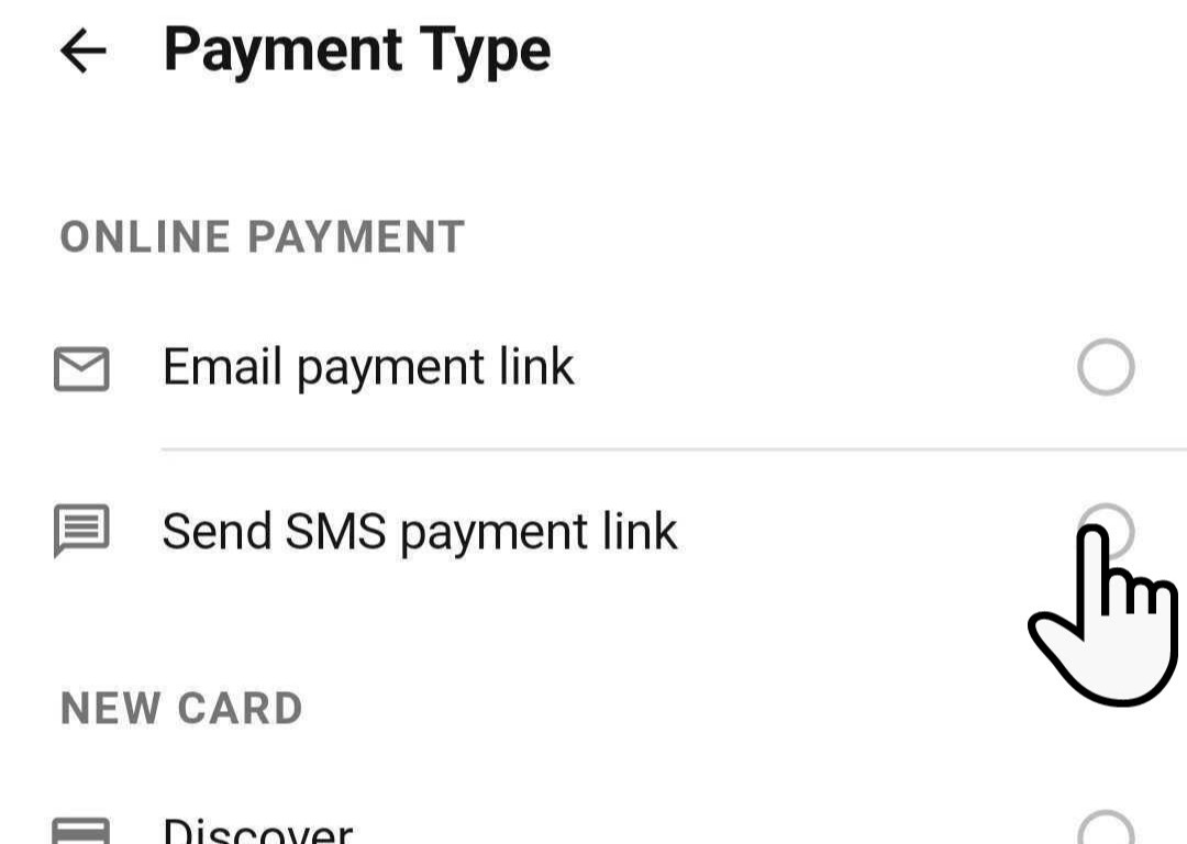 A cursor tapping Send SMS payment link.