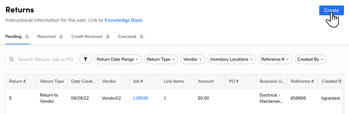 Create and complete a return