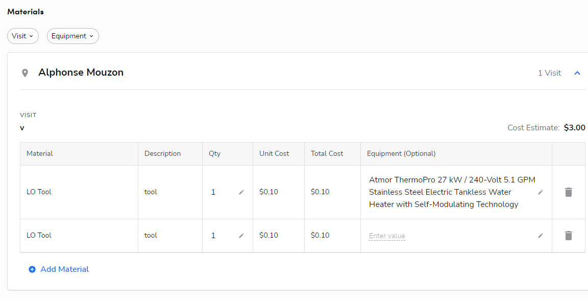 The Materials table and available filters.