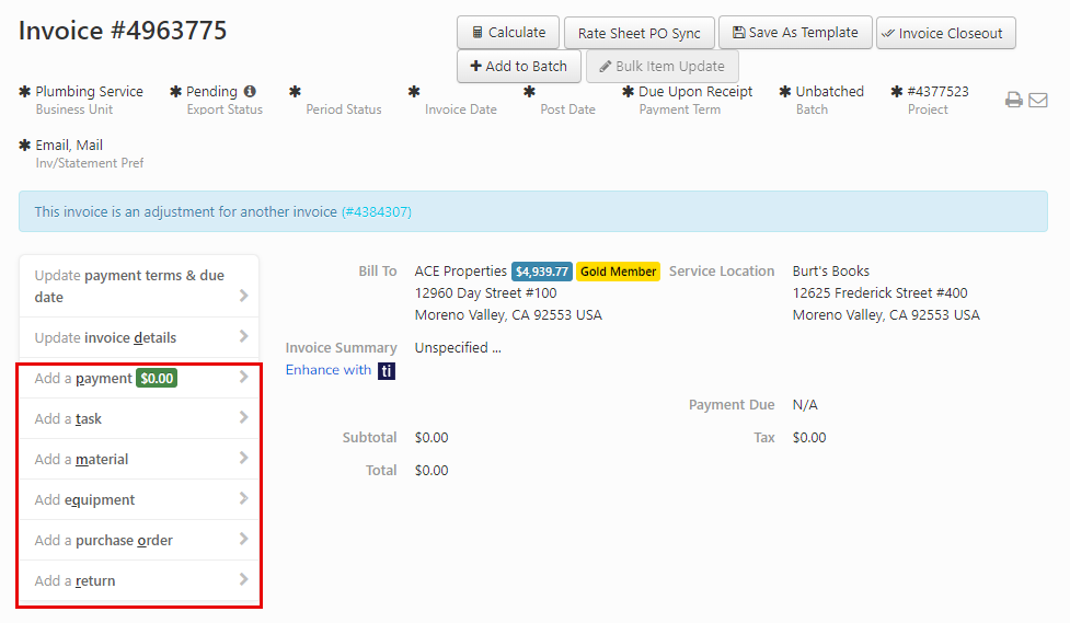 Screenshot of an adjustment invoice with options highlighted