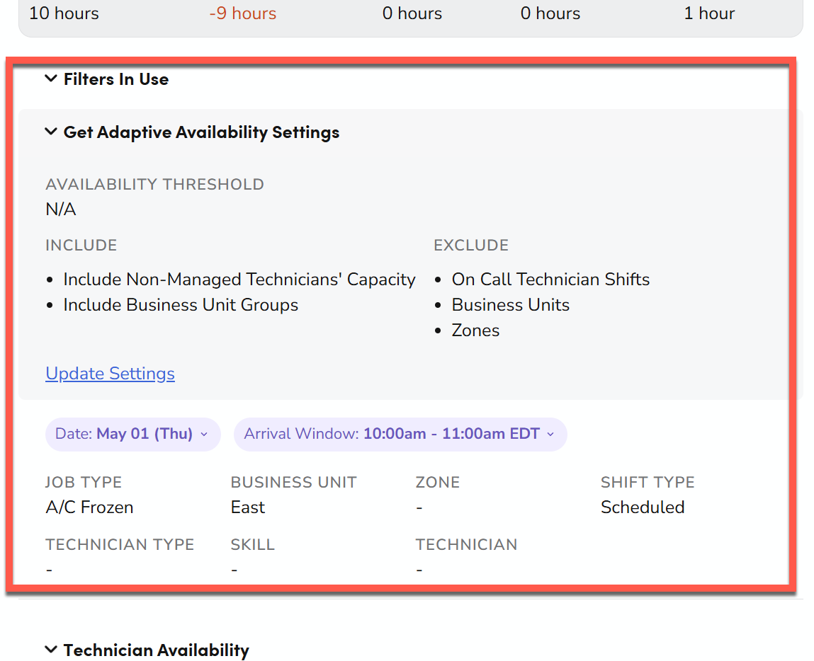 The Filters In Use section of the Availability Details screen in ...
