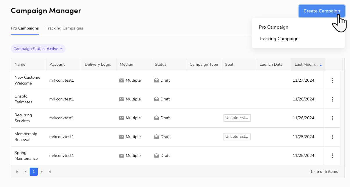 Cursor clicks Create Campaign on the Campaign Manager screen.