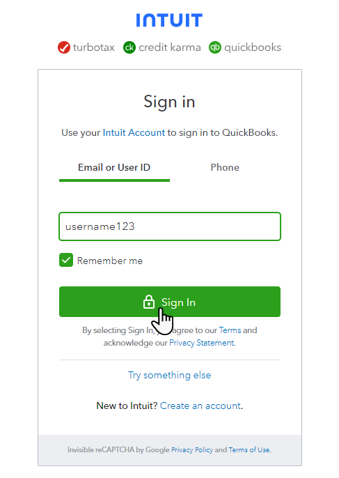 Cursor on the Sign In option in the Intui login popup