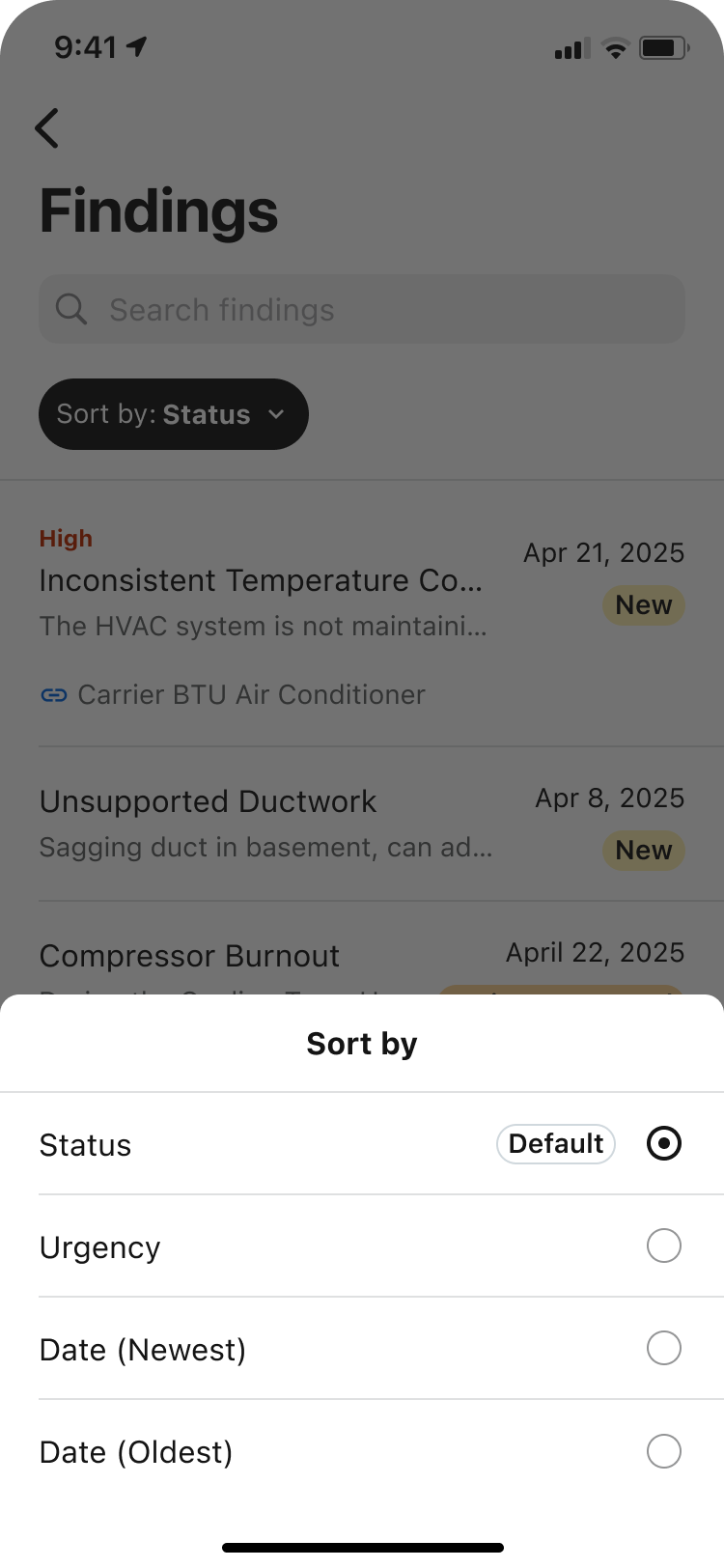Sort options in the ServiceTitan Field Mobile App.