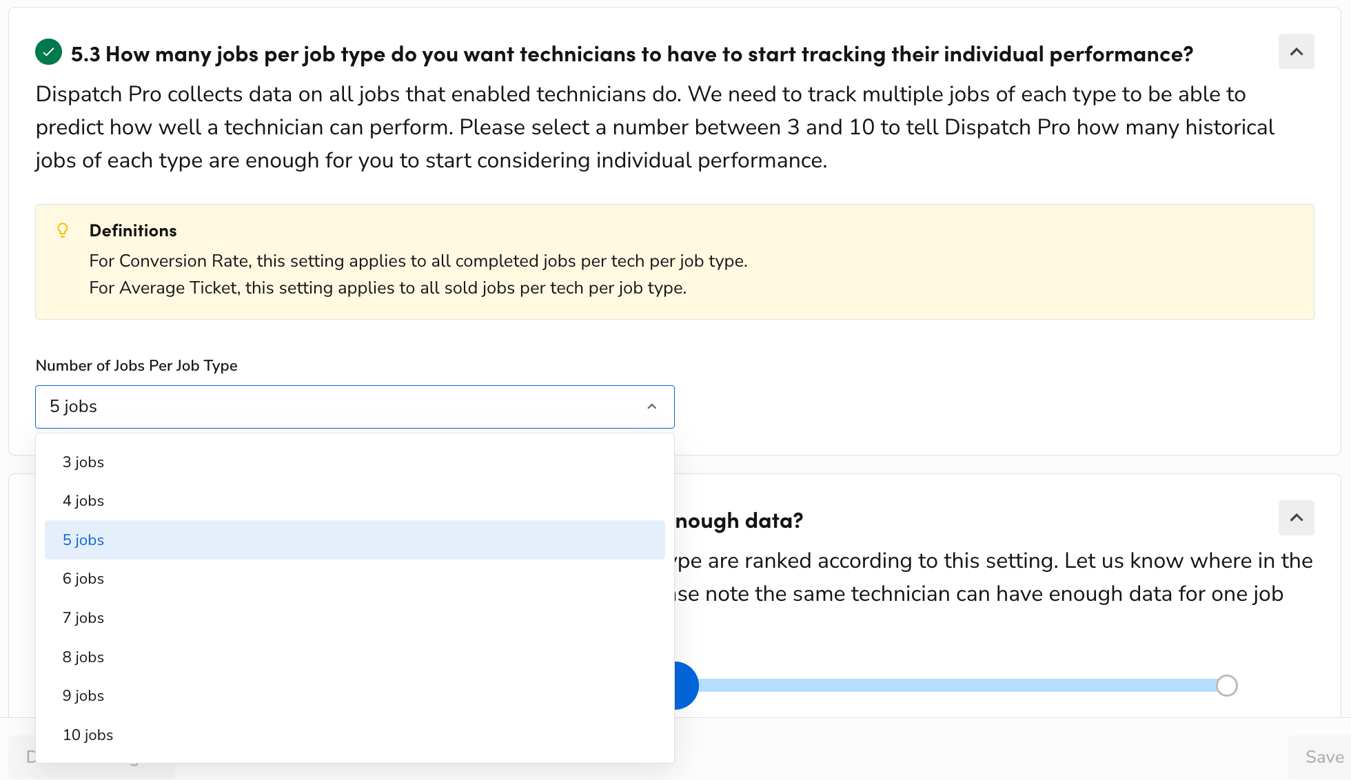 Question 5.3 in ServiceTitan's Dispatch Pro Technician Ranking settings.