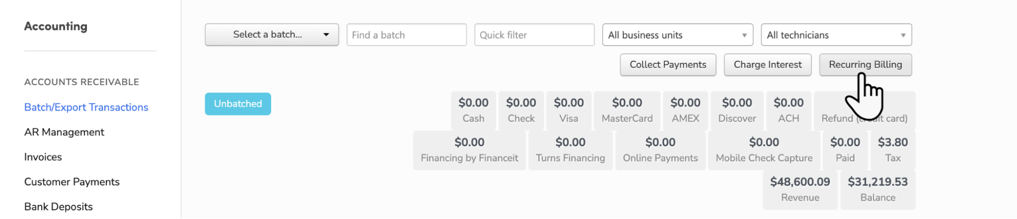 recurring billing tab