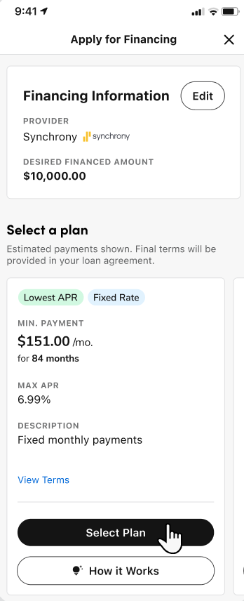 A cursor tapping Select Plan.