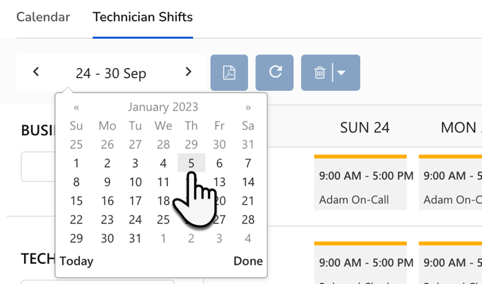 The calendar dropdown menu on the Technician Shifts screen in ServiceTitan.