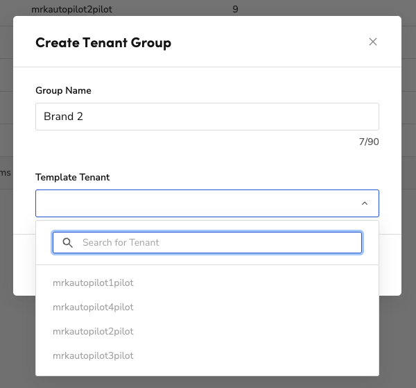 Template Tenant dropdown menu on the Create Tenant Group pop-up window